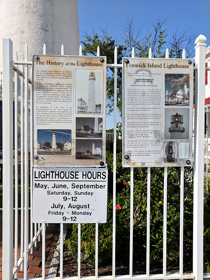 The information boards reveal the lighthouse's opening hours – because even historical landmarks need their beauty rest.
