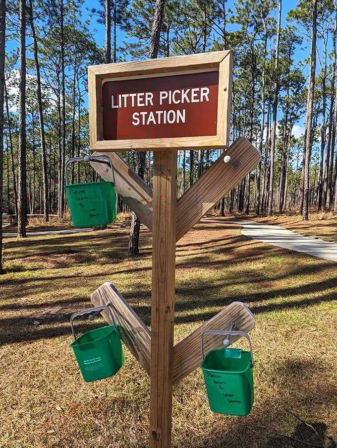 Even in paradise, someone's got to take out the trash – these cheerful green buckets make being environmentally responsible almost fun.