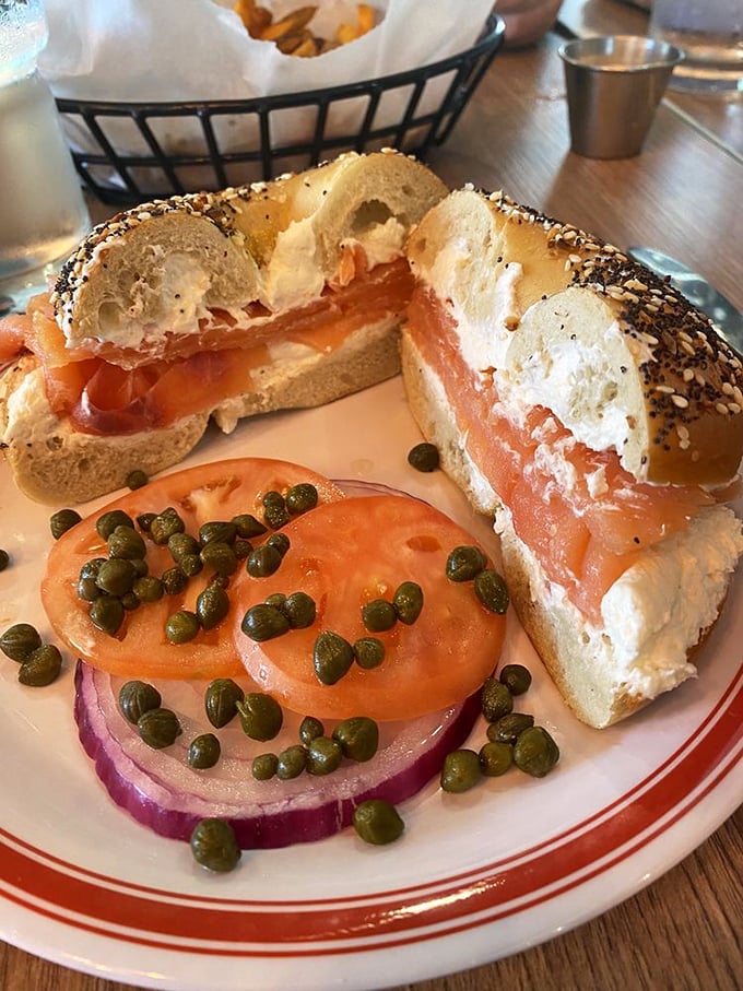 That lox bagel arrives dressed to impress – silky salmon, cream cheese, capers creating a New York morning in Ohio.