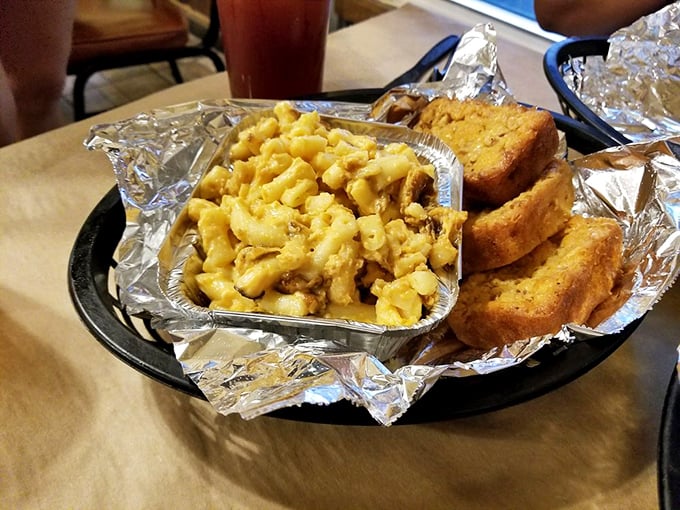 Mac and cheese that doesn't just sit beside your barbecue—it demands equal billing. This isn't a side dish; it's comfort food royalty wearing a crown of golden crust.