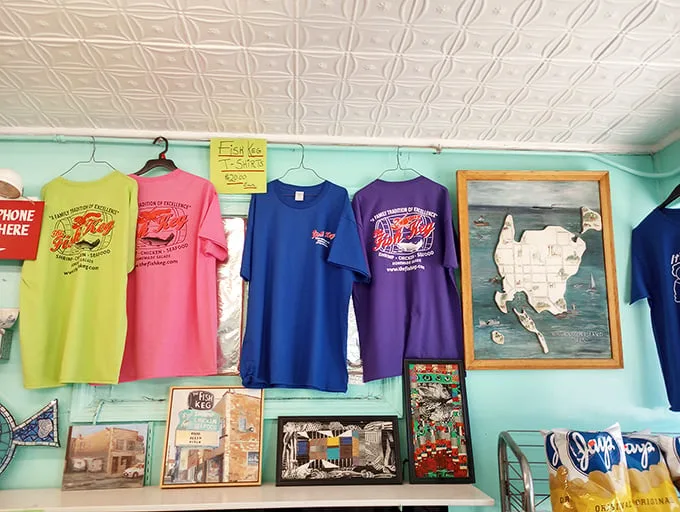 Colorful Fish Keg t-shirts hang like trophies – wear one and join the club of those who know where Chicago's best seafood hides.