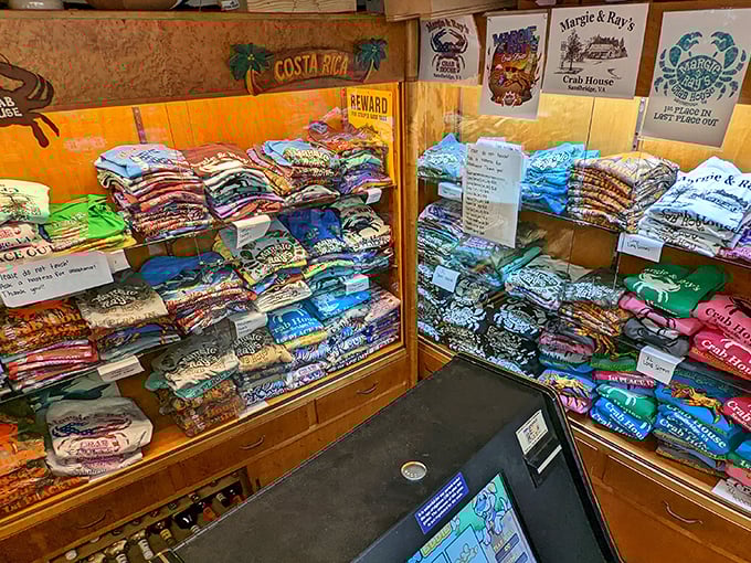 The merch corner – because nothing says "I conquered the crab legs" like a t-shirt to commemorate your victory over crustaceans.