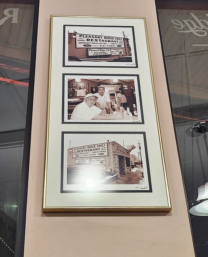 History framed on the wall—black and white memories of when the chili recipe was young but already turning heads in Pleasant Ridge.