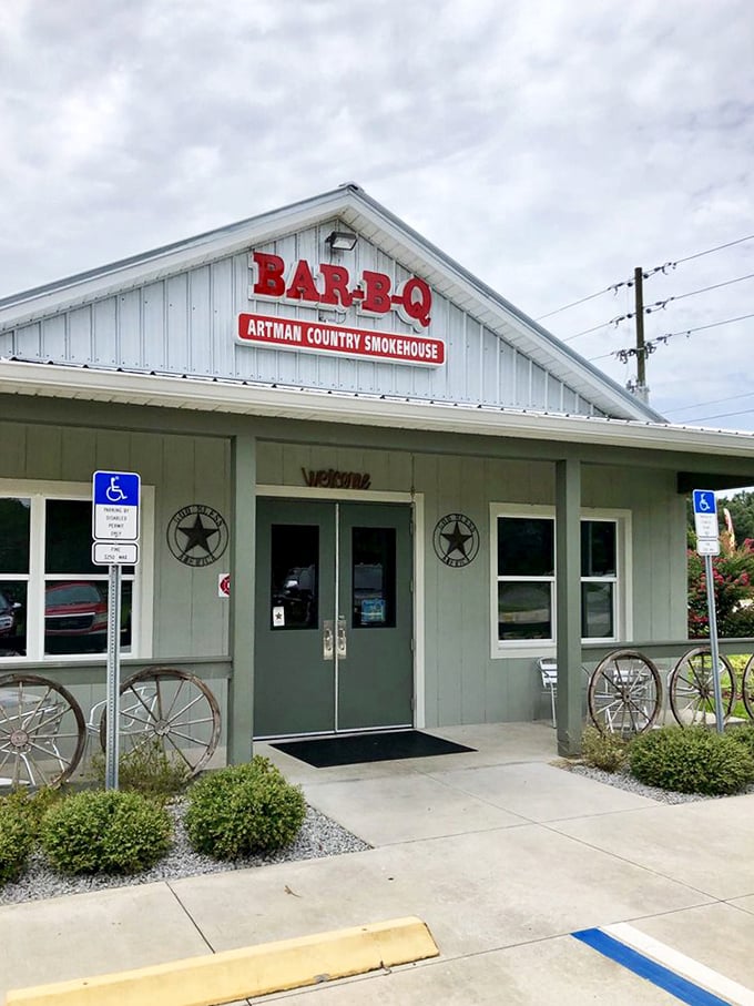 The BAR-B-Q sign glows like a beacon of hope for hungry travelers. Those star emblems aren't just decor—they're awards from your future self.