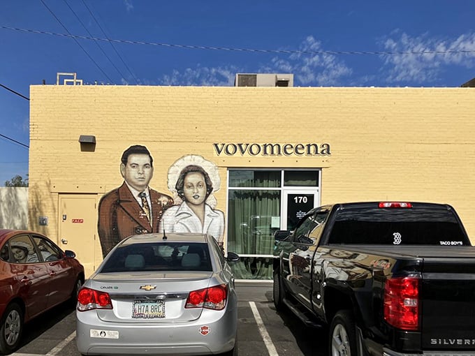 The mural outside tells a story before you even taste the food—a visual appetizer that hints at the care put into every aspect of Vovomeena.