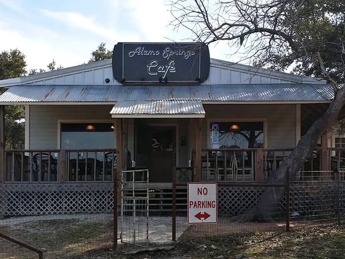 The exterior view at dusk—when the Hill Country air cools and the promise of an unforgettable meal draws travelers from near and far.