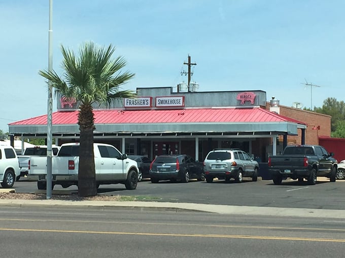 The exterior view that greets hungry visitors – a siren call of smoke and meat that's impossible to resist.