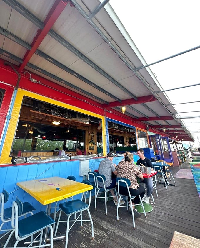The colorful outdoor dining area brings the carnival to seafood – where every meal feels like a special occasion.