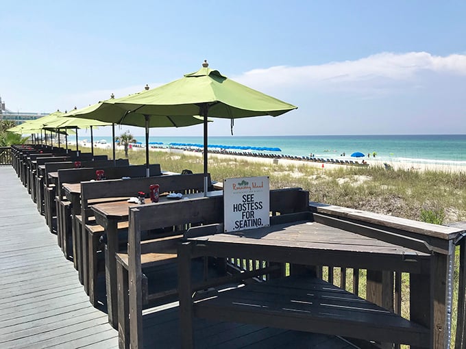 Green umbrellas stand guard over wooden tables where diners enjoy the rare privilege of eating seafood while watching its relatives swim by.