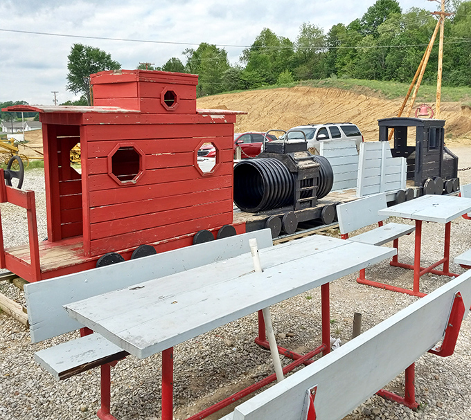 All the charm of a railroad picnic. These outdoor benches invite you to enjoy your meal with a side of fresh Ohio air.