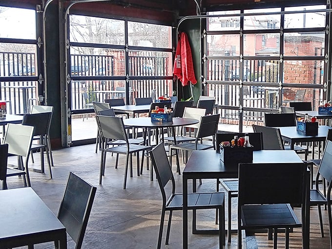 The outdoor seating area offers a breath of fresh air with garage-style doors that bring the outside in during Ohio's kinder weather months.