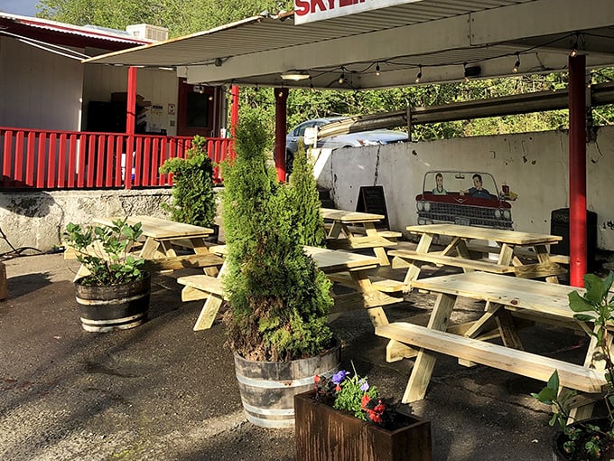 The outdoor seating area offers a peaceful retreat among potted evergreens – Portland's natural beauty complementing its culinary treasures.