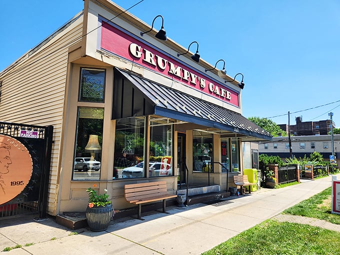 The exterior that houses breakfast legends. Those wooden benches out front aren't just seating—they're the perfect spot to recover from breakfast bliss.