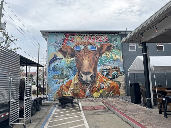 Florida's coolest cow mural reminds you this isn't just lunch—it's a full-on Sunshine State barbecue experience.