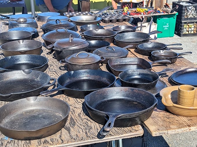 Cast iron paradise! Seasoned pans with decades of cooking wisdom built in—the original non-stick technology your grandmother swore by.