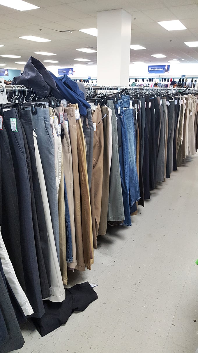 The pants parade – where designer labels and everyday brands hang side by side in the great equalizer of thrift shopping.