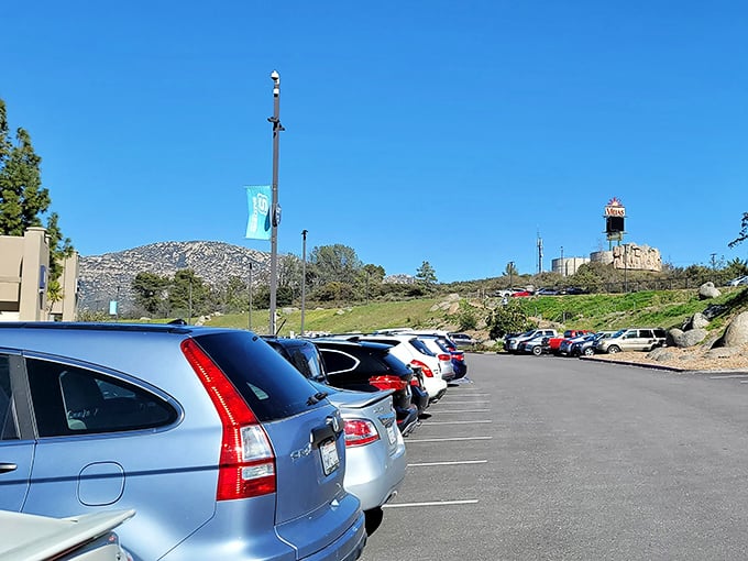 The ample parking lot sits against a backdrop of Alpine's stunning mountain landscape. Your chariot awaits, with room for all those shopping bags.
