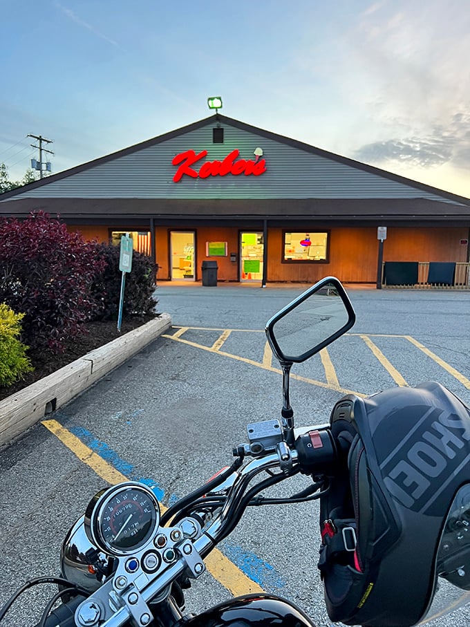 Motorcycle parked outside at dusk – because ice cream pilgrimages happen at all hours when the craving strikes.