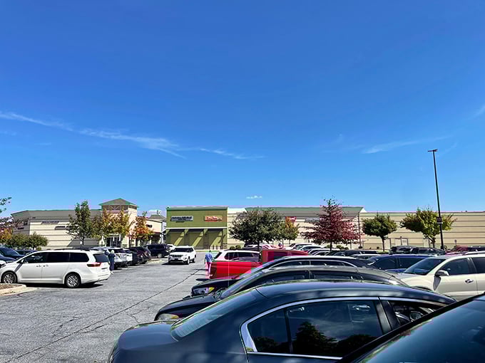 The spacious parking lot with mountain views makes arrival and departure as pleasant as the shopping itself.