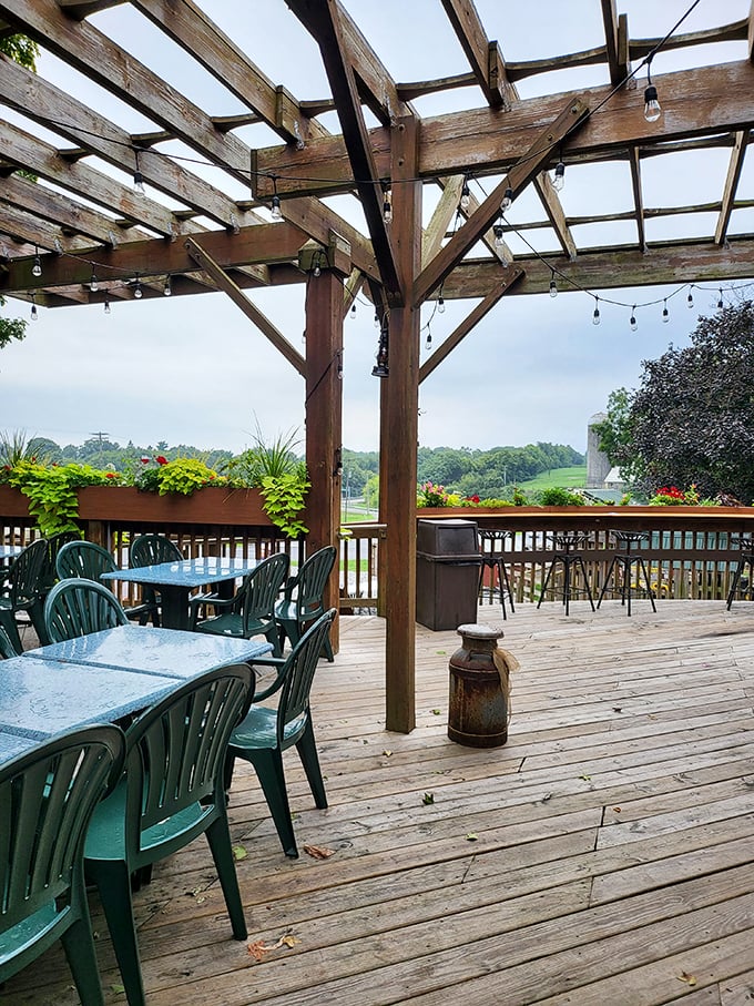 The outdoor patio offers rolling farmland views that remind you exactly where your food comes from – just beyond those green hills.