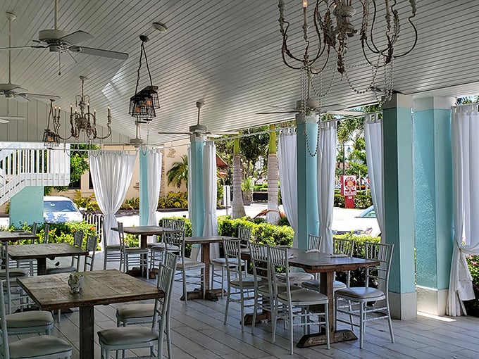 The covered patio brings outdoor dining charm while keeping you comfortable – best of both breakfast worlds achieved.