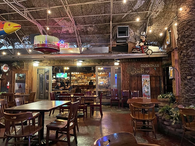 The spacious interior reveals multiple dining areas, with a mezzanine that offers a bird's-eye view of this culinary corral.