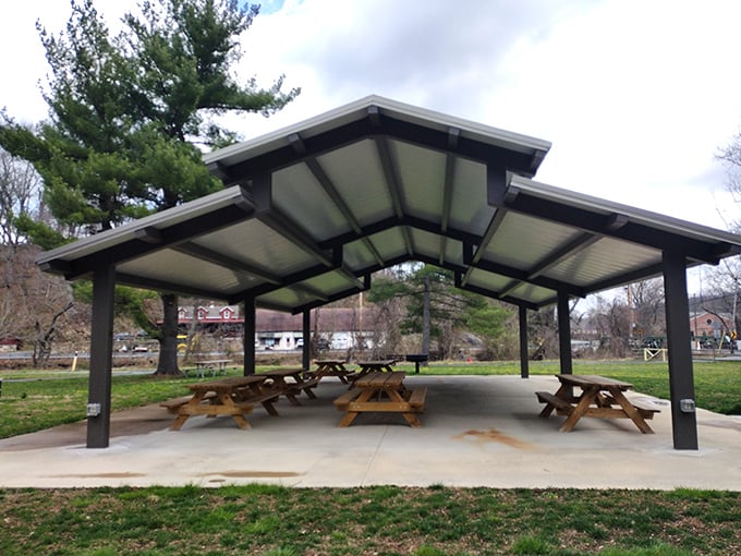 Picnic pavilions with more character than most restaurants – and the price is definitely right for lunch al fresco.