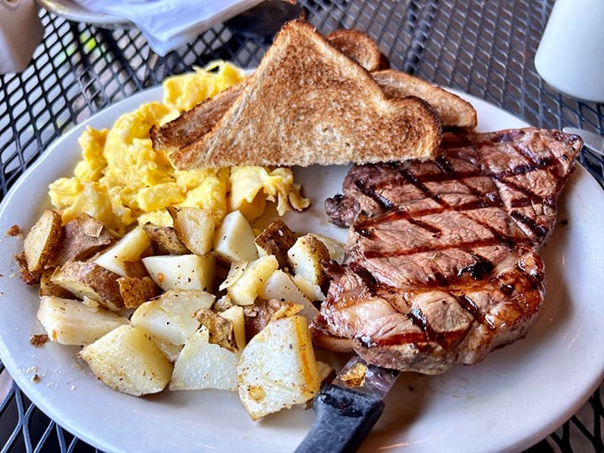 Steak and eggs—the breakfast of champions or the lunch of legends? Either way, those home fries deserve their own fan club.
