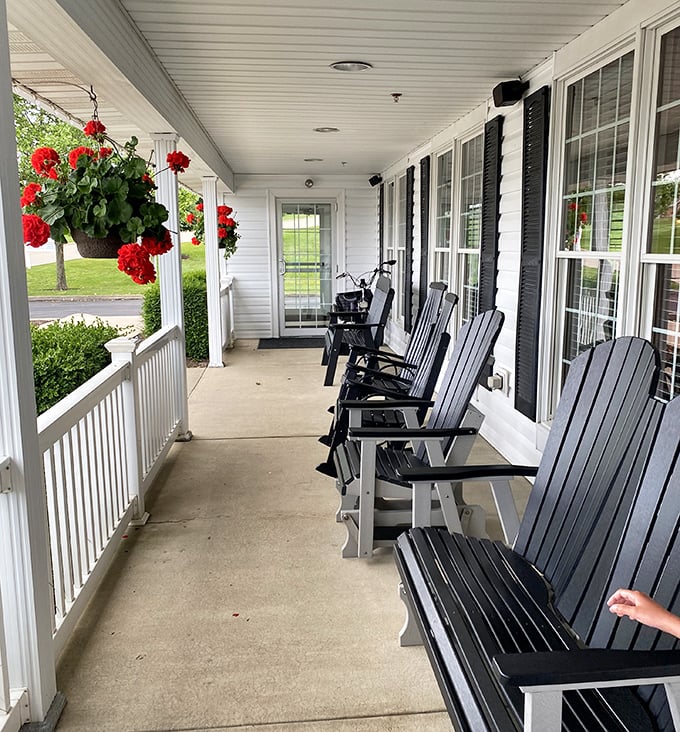 The wraparound porch invites you to slow down and savor the simple pleasure of rocking chair relaxation.