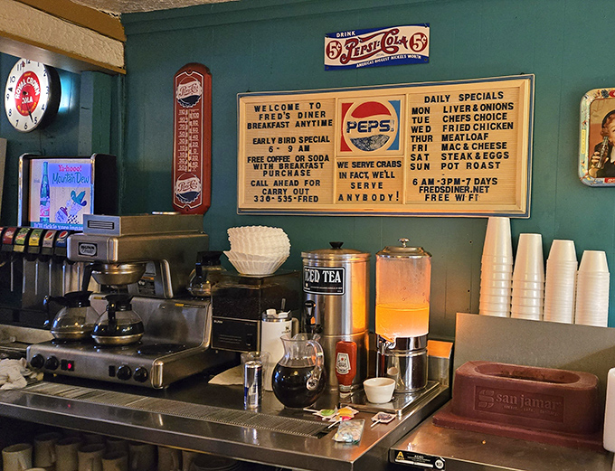 Daily specials board featuring liver and onions on Mondays – a reminder that Fred's caters to tastes formed long before kale was trendy.