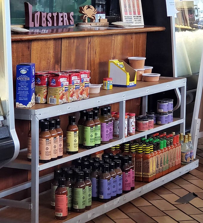 The retail section offers take-home treasures to extend your seafood affair beyond dinner. Those hot sauces aren't just condiments; they're souvenirs.