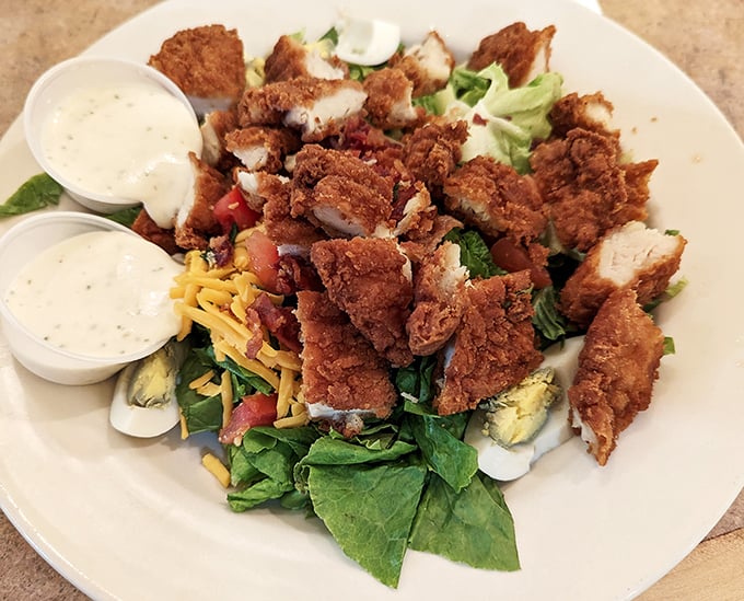 This isn't just a salad—it's a protein-packed masterpiece. Crispy chicken and fresh greens playing together like old friends.