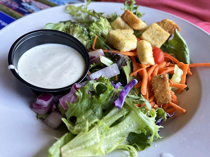 A salad that doesn't apologize for being healthy—it's too busy showing off its fresh ingredients and homemade dressing.