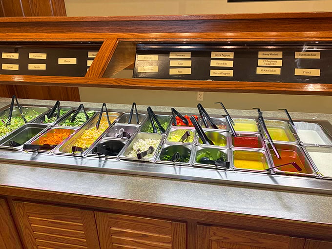 The salad bar—where good intentions meet temptation. Those little labeled compartments contain everything from garden-fresh to "who needs lettuce anyway?"