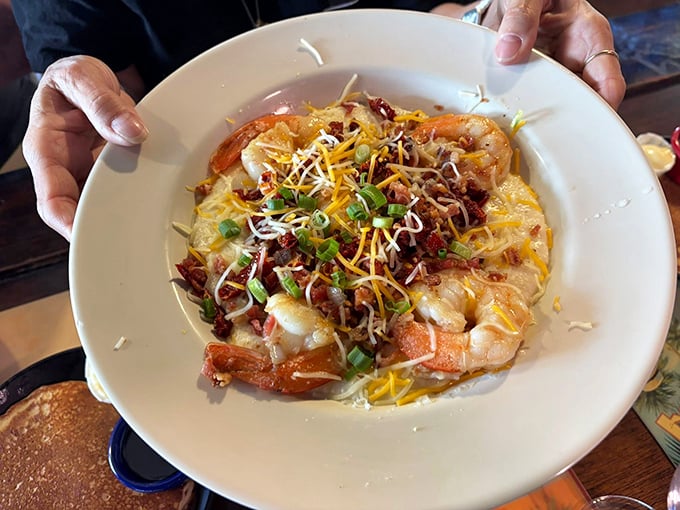 Shrimp and grits elevated to an art form—where plump Gulf shrimp meet creamy Southern comfort in a dish that bridges regional divides.