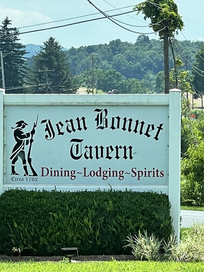 The sign announces "Spirits" with delightful ambiguity—referring to both the beverages inside and perhaps the ghostly tales that come complimentary.