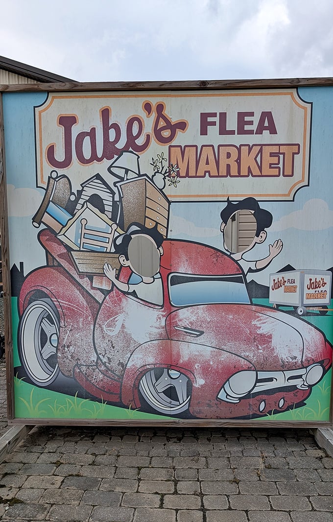 The market's cheerful sign promises adventure with every visit—a cartoon reminder that junk-hunting should always be joyful.