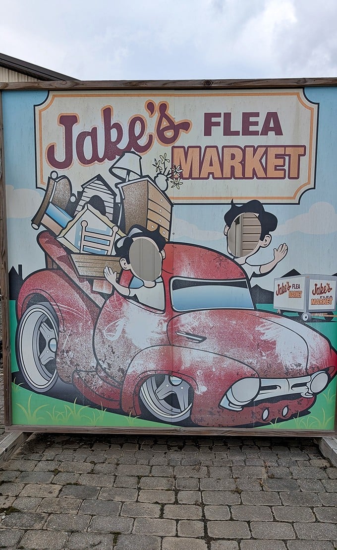 The market's whimsical sign perfectly captures the spirit of the place—a cartoon car overflowing with treasures, much like your trunk will be.