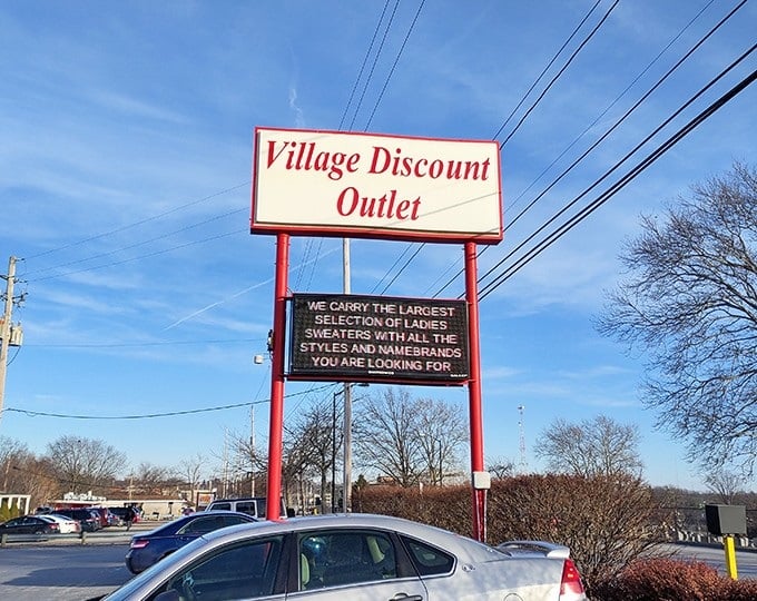 The roadside marquee promises sweater salvation and stands as a landmark for Akron's bargain-hunting community. The parking lot is never empty for long.