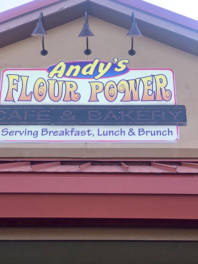 The sign says it all—where flour meets power and breakfast dreams become delicious reality seven days a week.