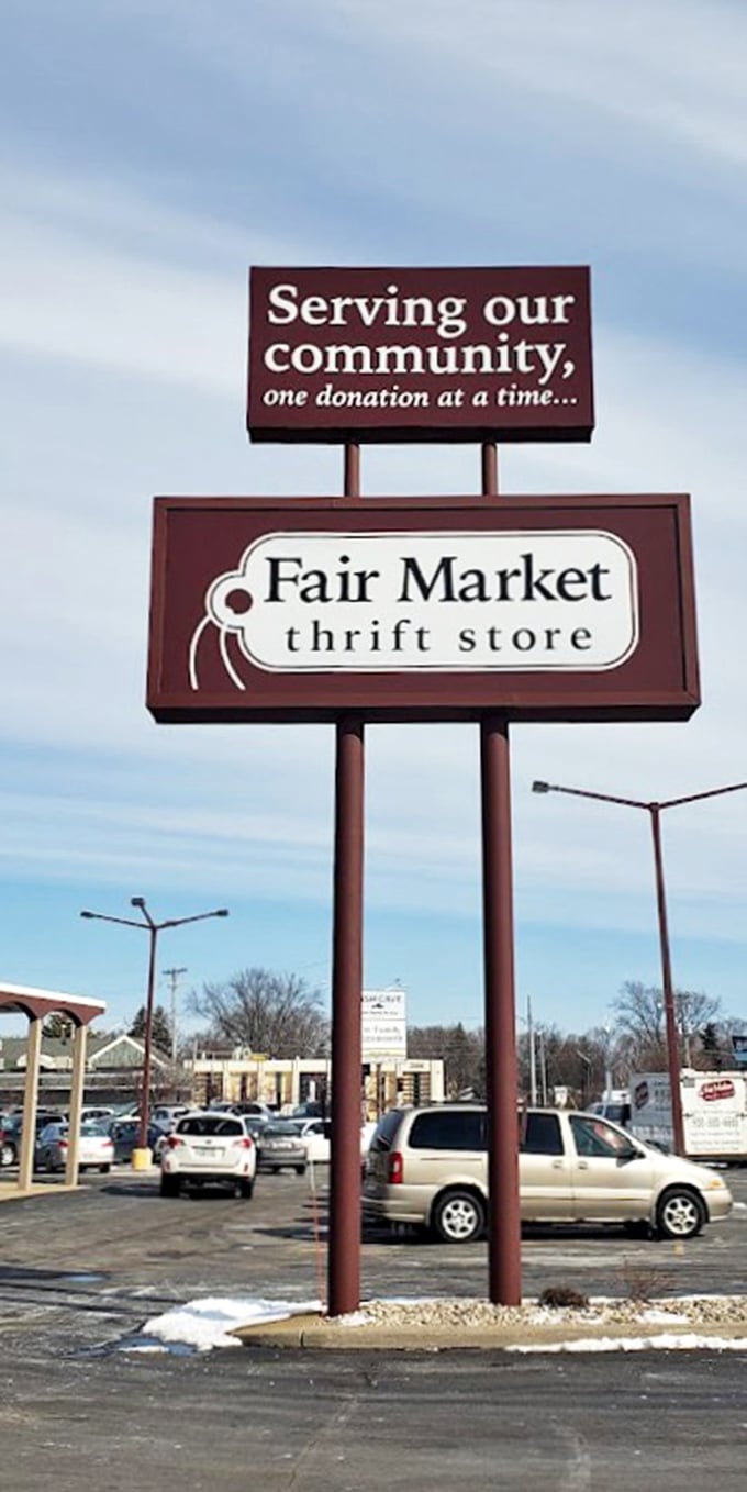 "Serving our community, one donation at a time" – a mission statement that reminds us thrifting isn't just shopping, it's recycling with purpose.
