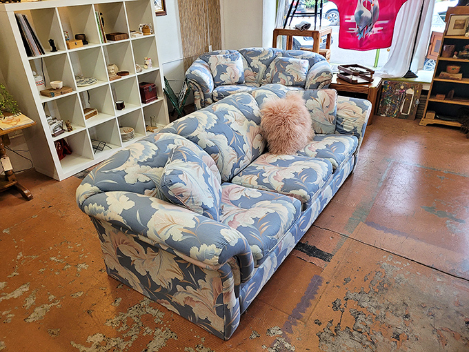 That floral sofa has stories to tell! Probably hosted countless family gatherings, TV dinners, and afternoon naps since the Clinton administration.