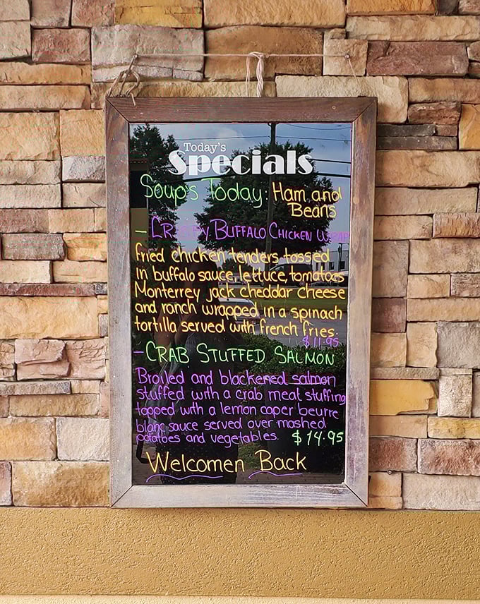 The specials board—where culinary adventures begin. Those colorful chalk descriptions aren't just menu items—they're promises of deliciousness to come.