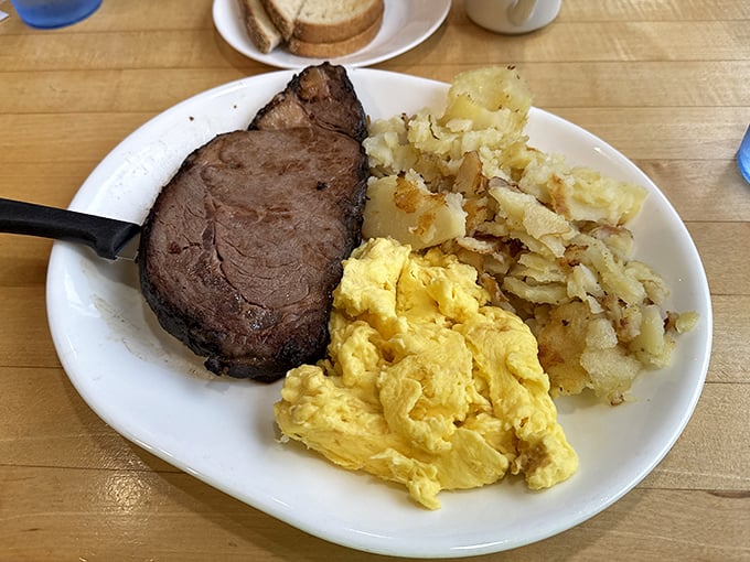 The classic steak and eggs—proof that breakfast can be a serious affair when you need protein to fuel a Michigan-sized day ahead.