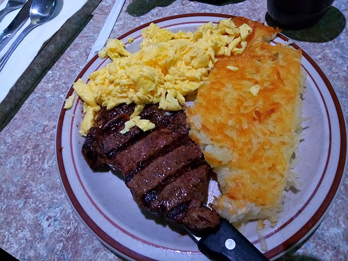 Steak and eggs—the breakfast of champions who plan to skip lunch and possibly dinner. Those hash browns are the unsung heroes of this protein-packed plate.