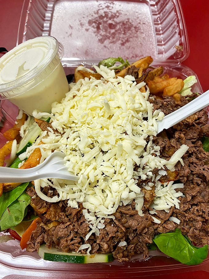 A steak salad that makes eating greens feel like cheating the system. "Yes, it's a salad," you'll say, as cheese blankets seasoned meat.