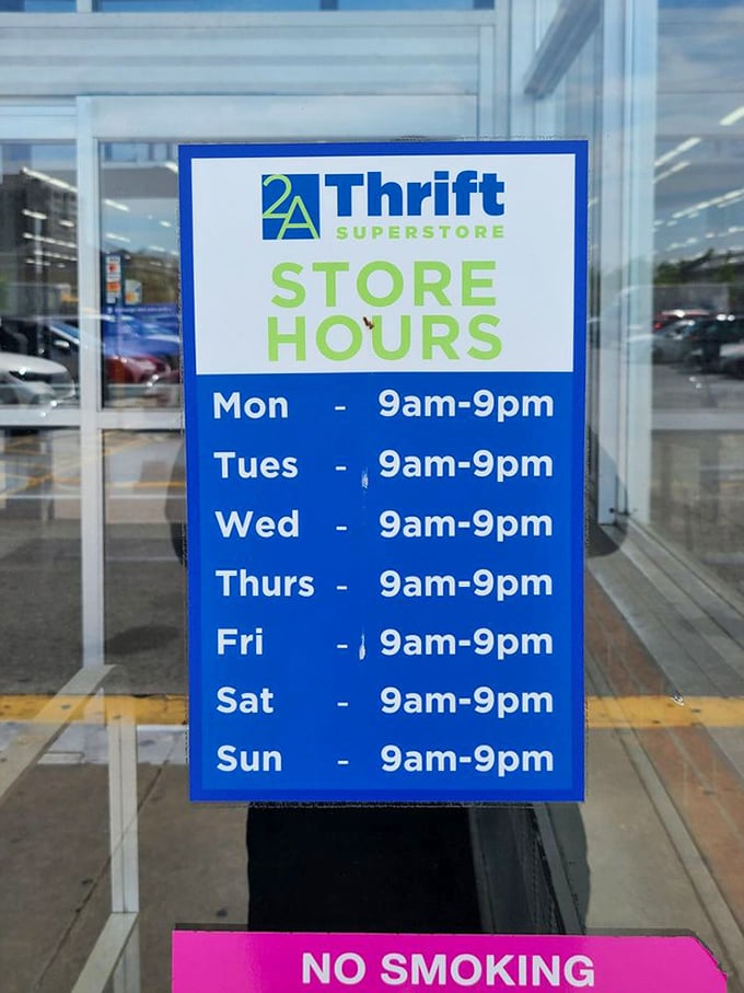 Open 12 hours daily, 7 days a week – because the thrill of the thrift hunt waits for no one and respects no weekend.