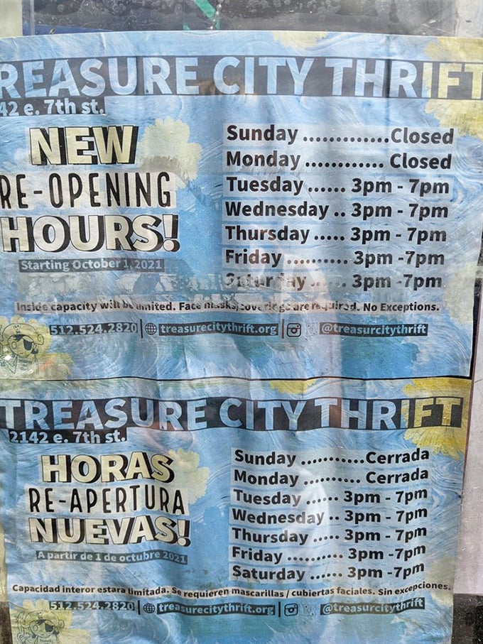 The bilingual hours sign speaks to Treasure City's community spirit—a place where everyone's welcome to hunt for bargains Tuesday through Saturday.