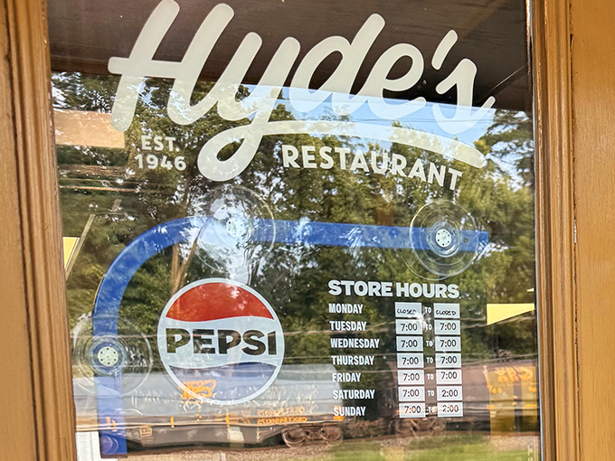 Established in 1946, Hyde's has been serving Hamilton for generations—the door sign a testament to enduring quality and community connection.