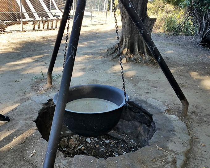 This hanging pot and fire pit arrangement was the pioneer equivalent of a high-end kitchen—the original farm-to-table dining experience.